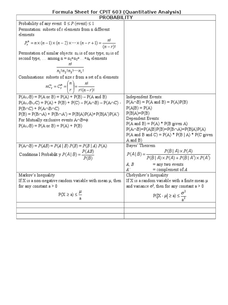 Formula Sheet For Statistics | Download Free PDF | Errors And Residuals | Variance