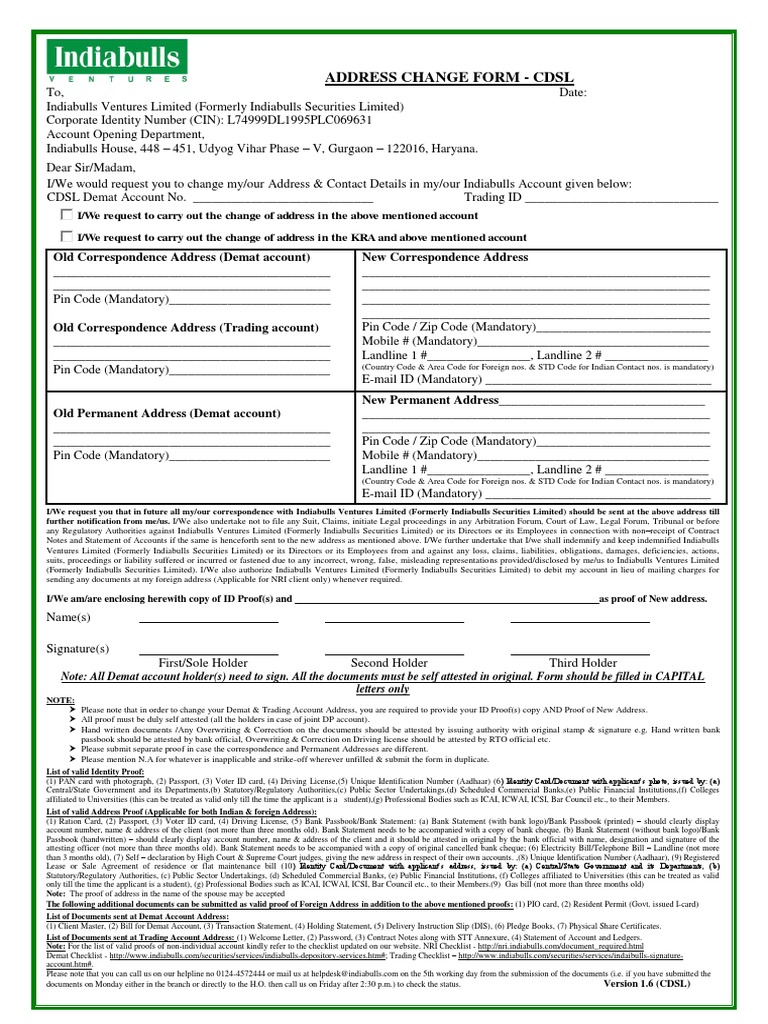 Address Change Form - CDSL (1).pdf | Identity Document | Service Industries
