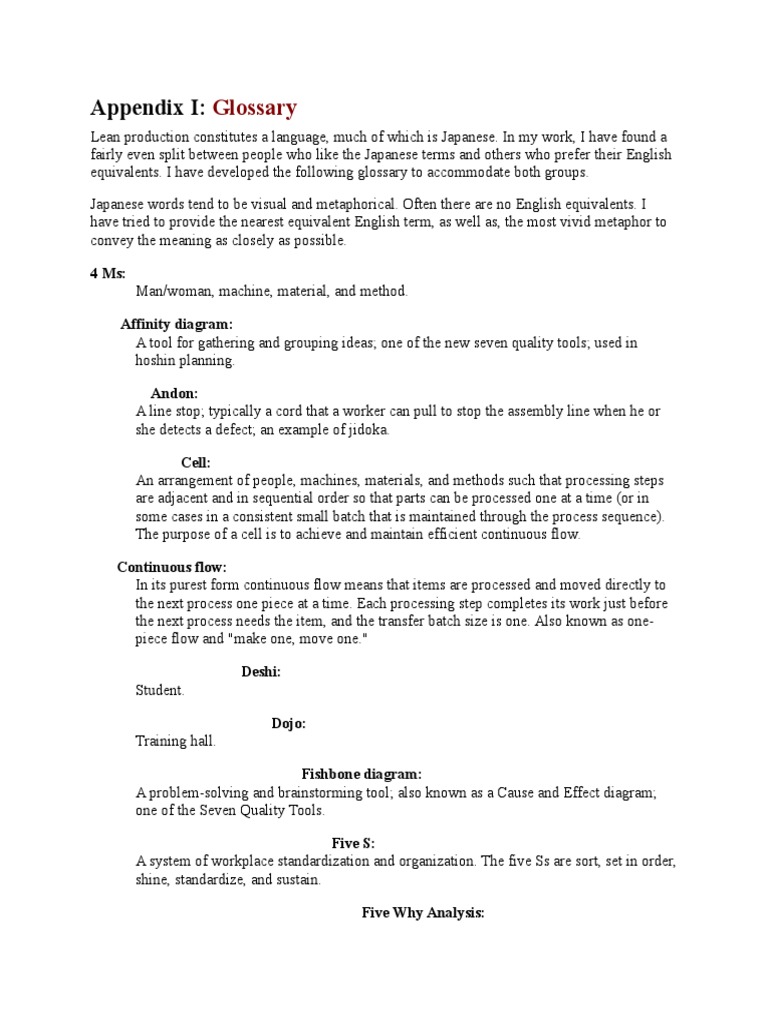 Appendix I Glossary | PDF | Lean Manufacturing | Production And ...