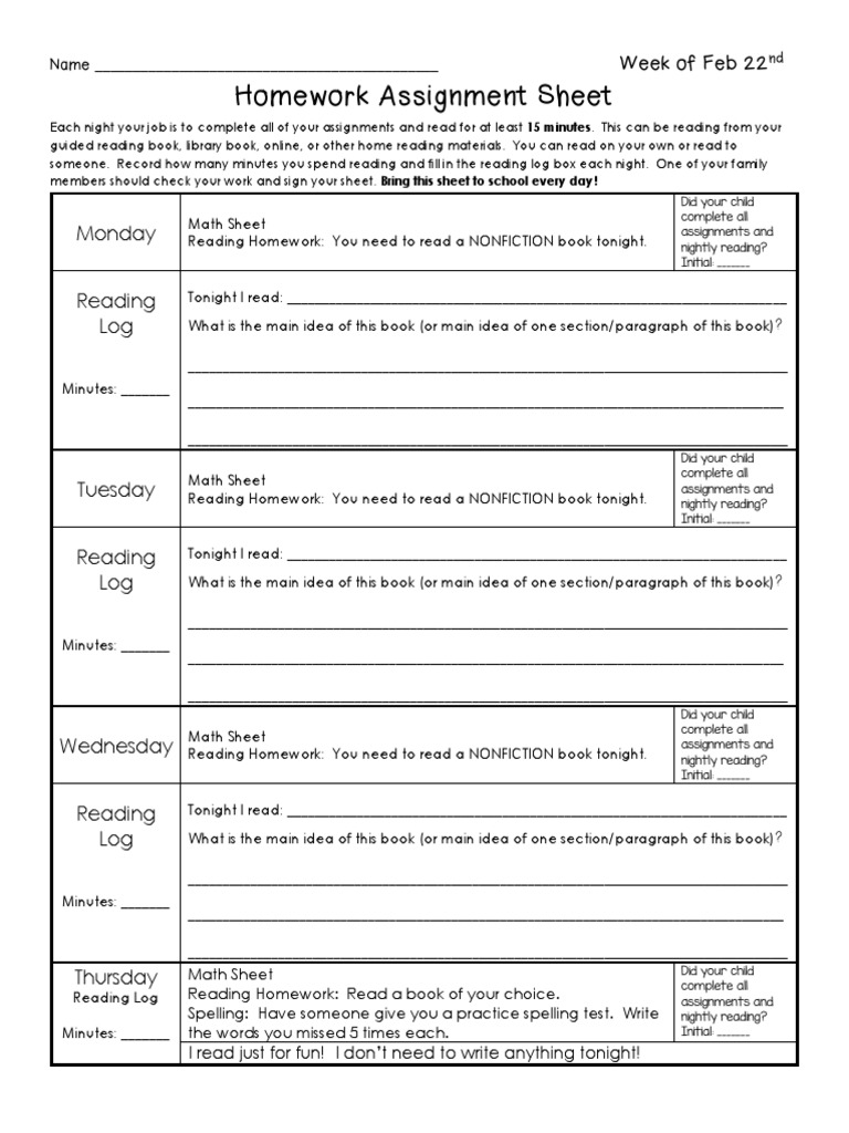 Weekly Homework Assignment Sheet | PDF | Self-Improvement