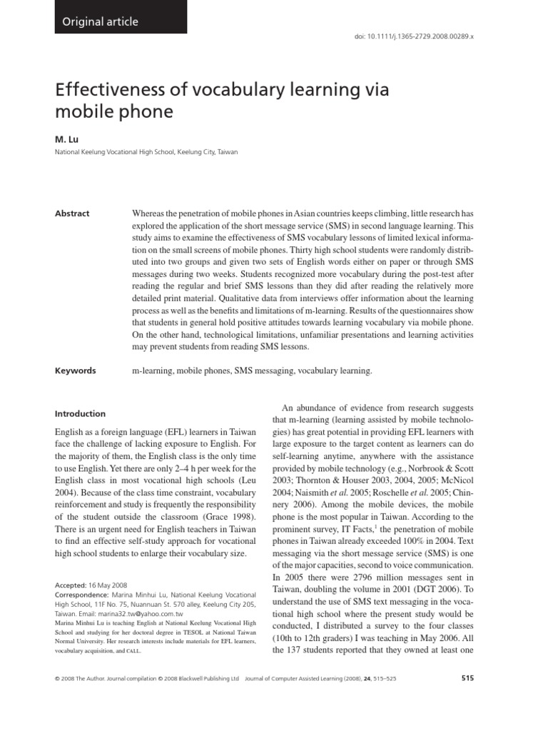 Effectiveness of Vocabulary Learning Via Mobile Phone | PDF ... Effectiveness of Vocabulary Learning Via Mobile Phone | PDF ...
