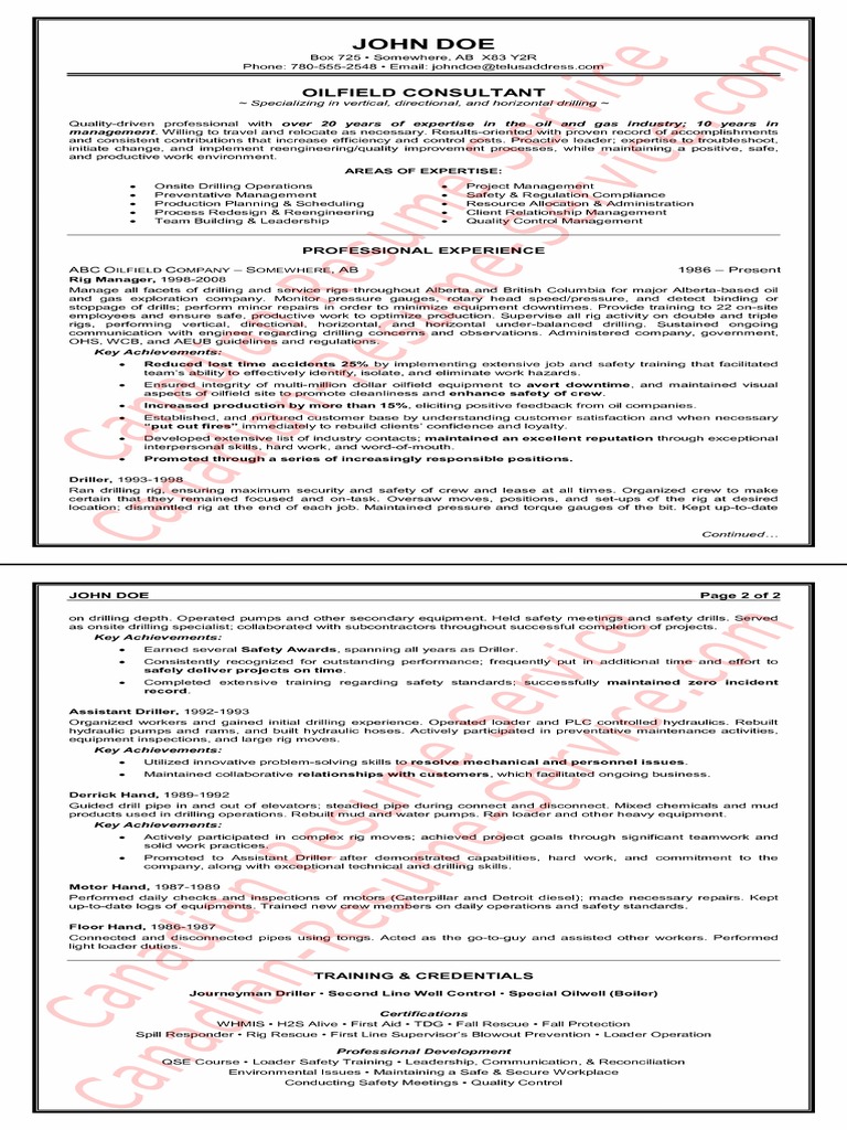 Oilfield Consultant Resume Sample | PDF