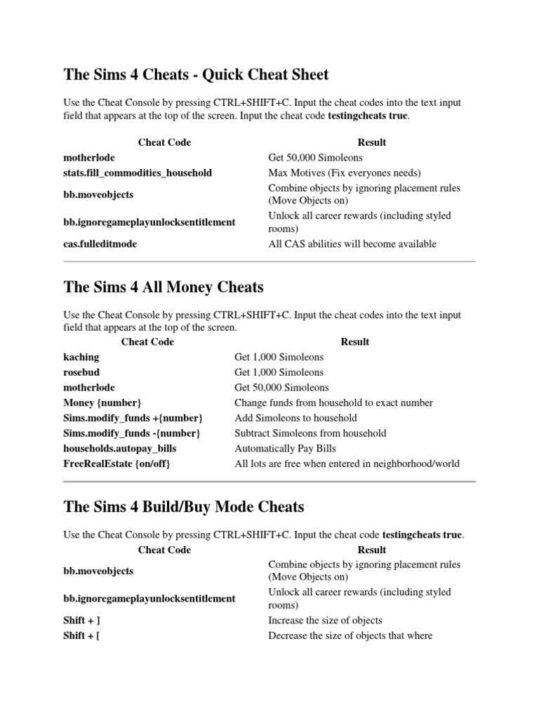 The Sims 4 Cheats | PDF | Cheating In Video Games | Retail