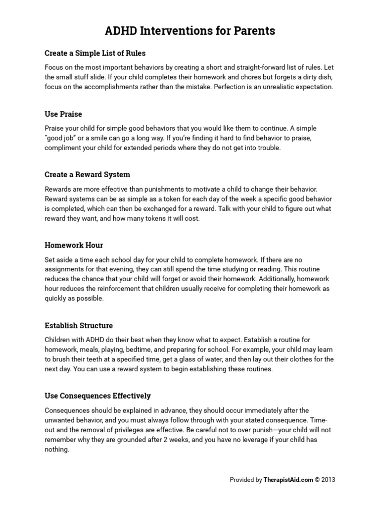 ADHD Interventions For Parents: Create A Simple List of Rules | PDF