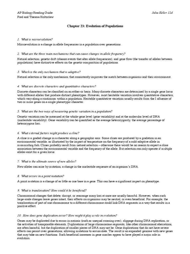AP Biology Chapter 23 Evolution of Populations | PDF | Zygosity ...