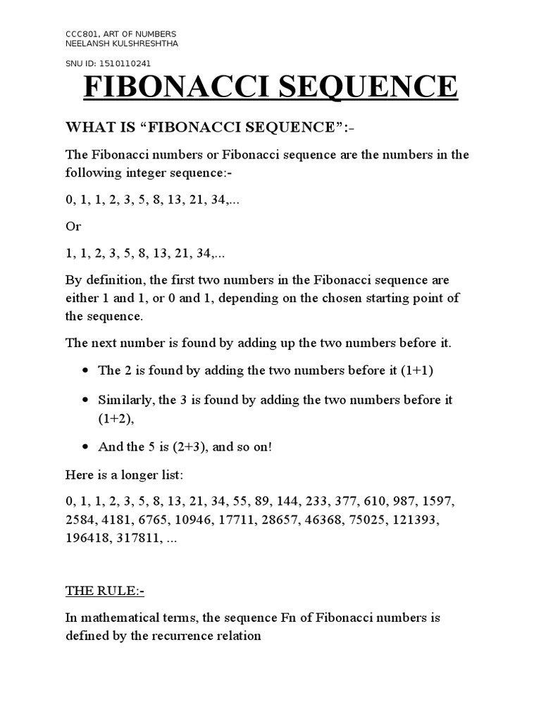 Fibonacci Sequence | PDF | Discrete Mathematics | Applied Mathematics Fibonacci Sequence | PDF | Discrete Mathematics | Applied Mathematics