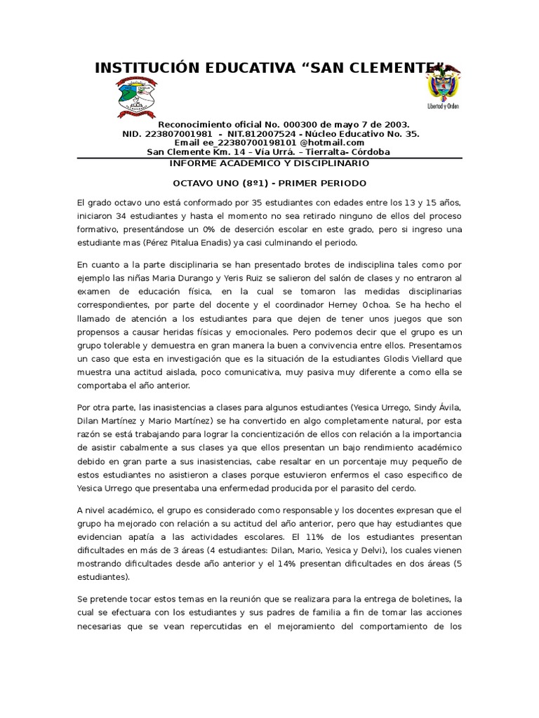 Informe Academico y Disciplinario | PDF | Fórmula | Sicología