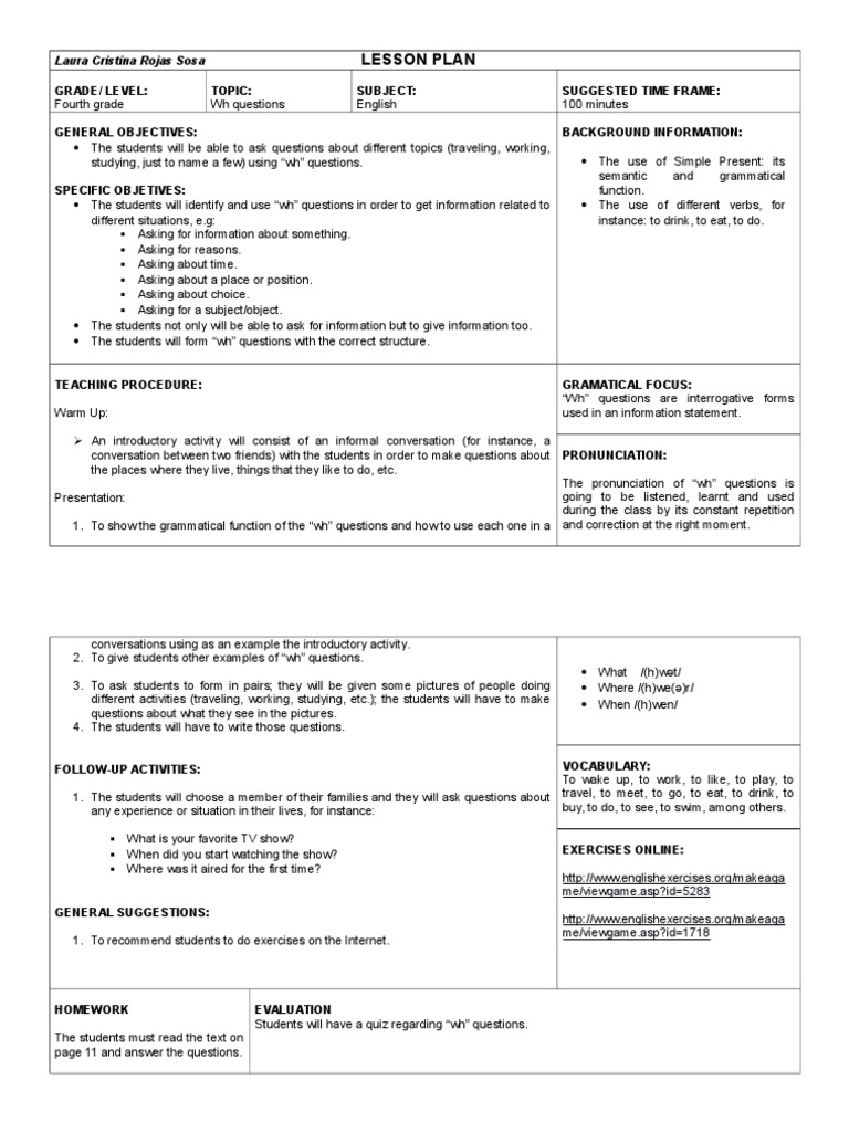 LESSON PLAN WH Questions | PDF | Question | Communication