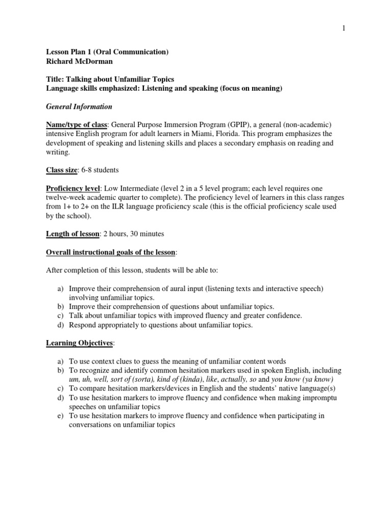 Lesson Plan 1 - Richard McDorman | Download Free PDF | Reading Comprehension | English Language