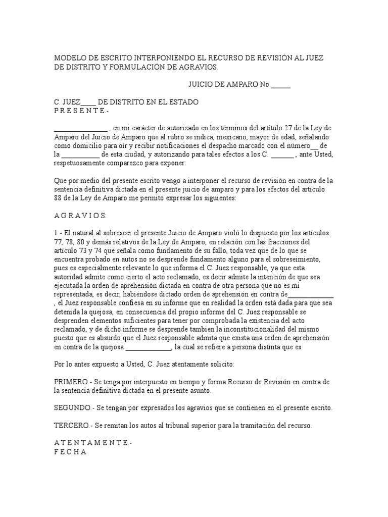 Modelo De Escrito Interponiendo El Recurso De Revisión Al Jue Pdf
