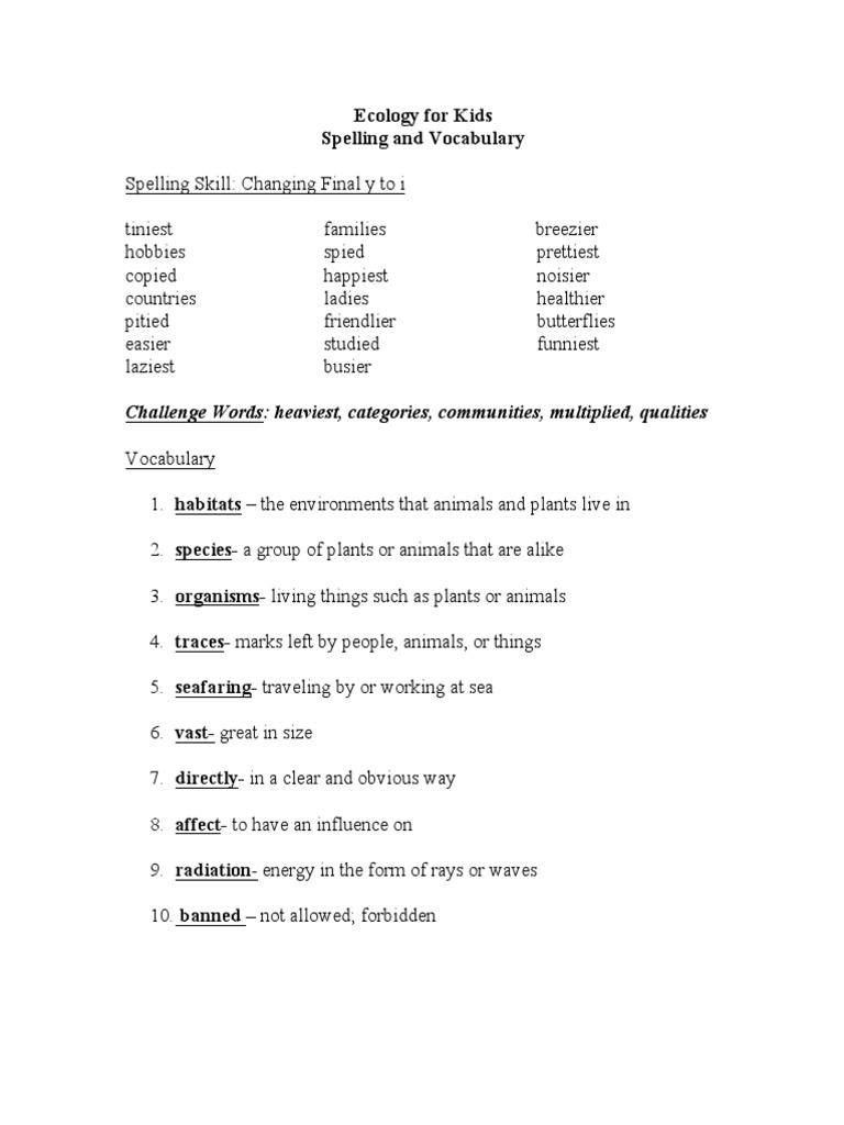Ecology For Kids PDF Spelling Vocab | PDF | Language Arts & Discipline ...
