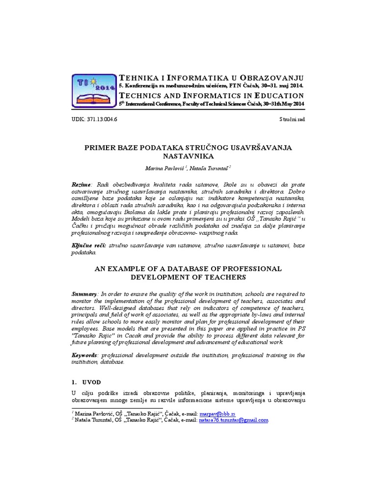 Primer Baze Podataka Stručnog Usavršavanja Nastavnika | PDF