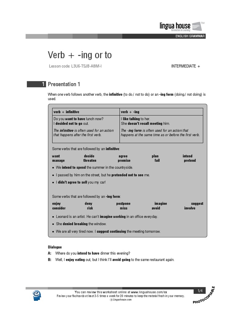 Verb + - Ing or To | PDF | English Grammar | English Language