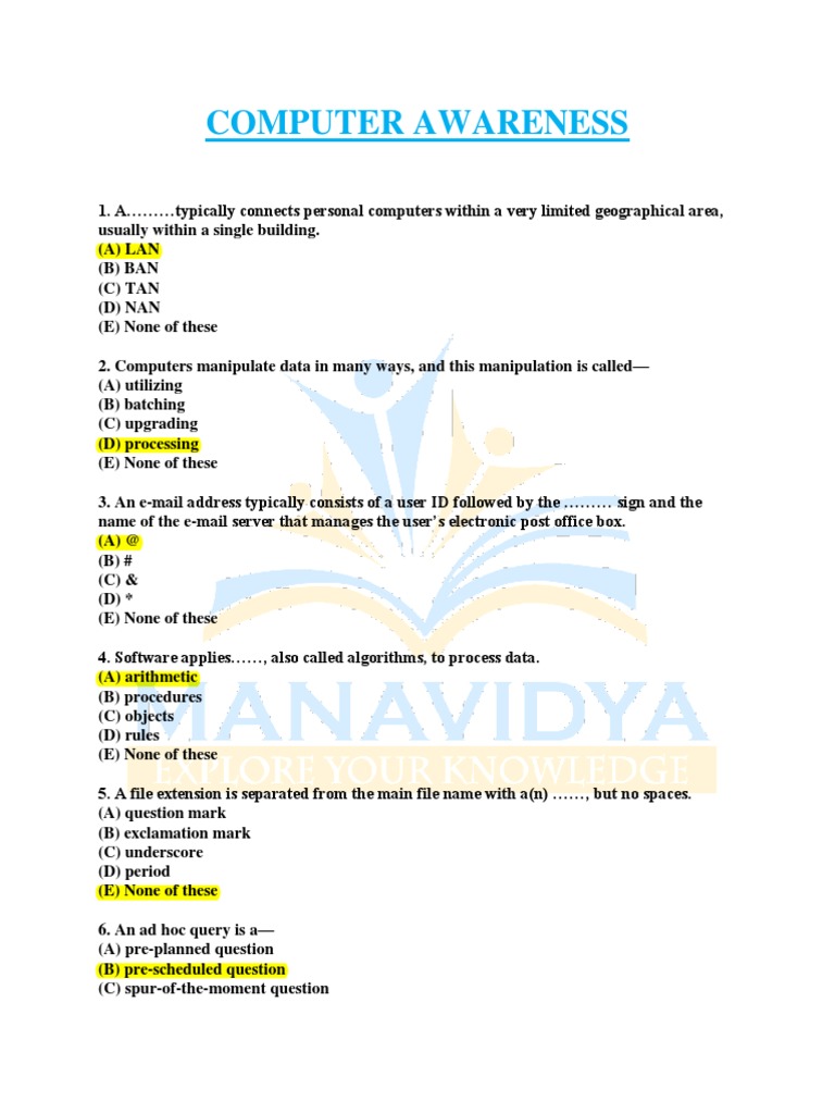 Computer Awareness MCQs | PDF | C (Programming Language) | Computer Data Storage