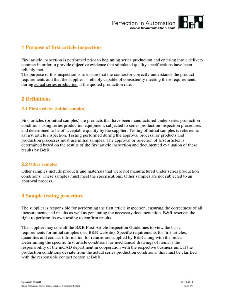 Purpose of First Article Inspection: First Articles (Initial Samples ...