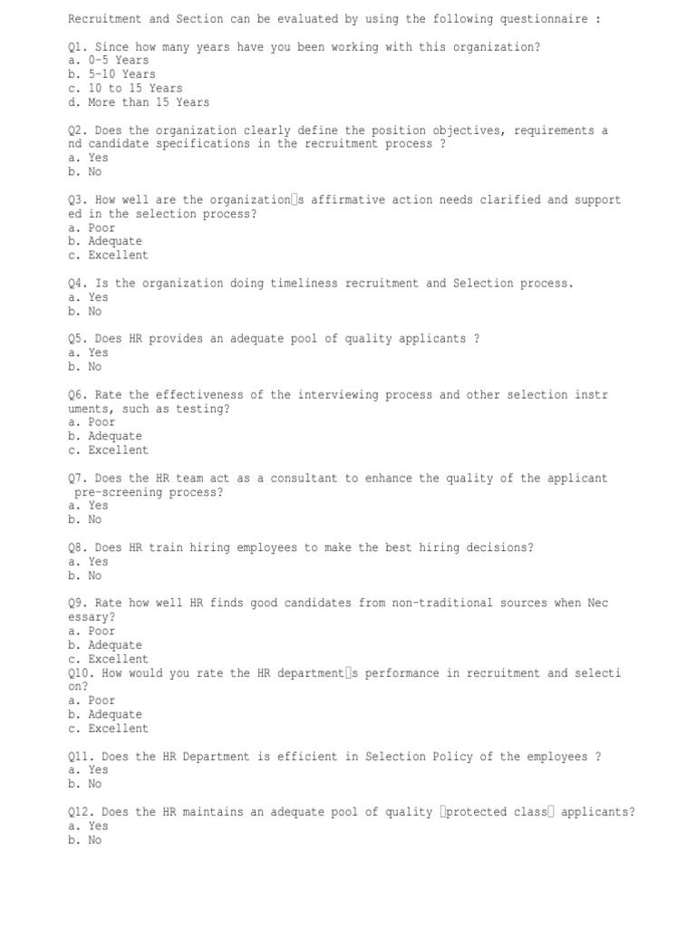 Recruitment and Selection Evaluation Questionnaire | PDF | Self-Improvement