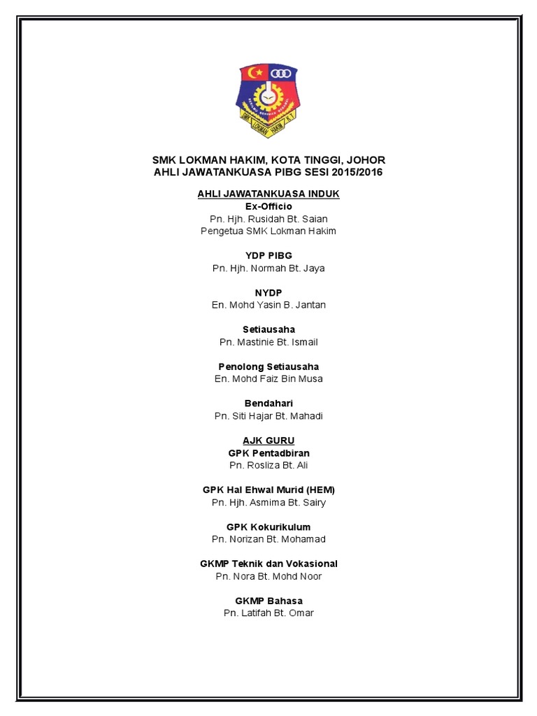 Contoh AJK PIBG Sekolah Menengah | PDF