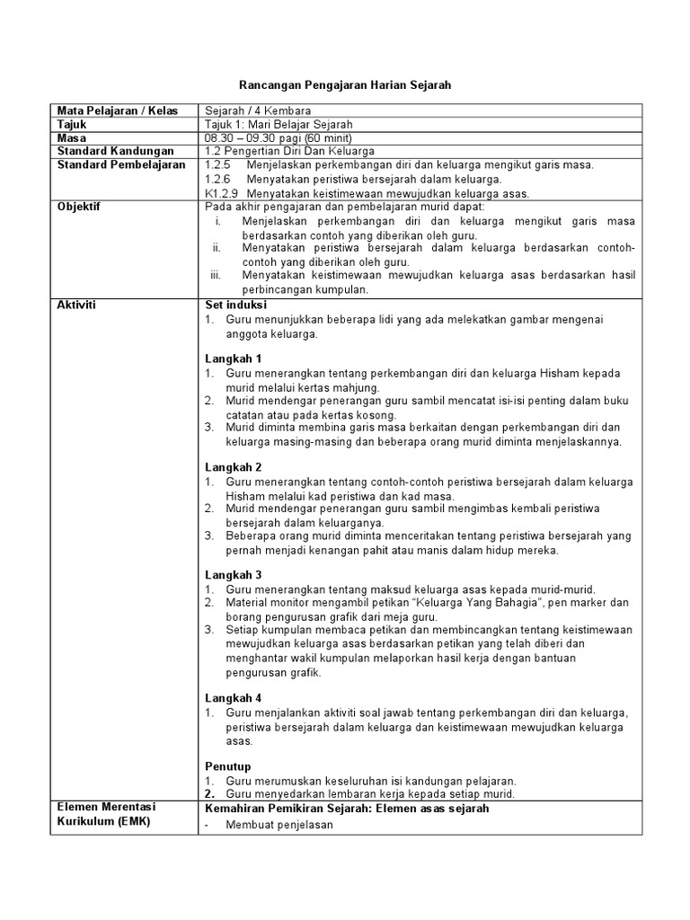 Rancangan Pengajaran Harian Sejarah | PDF