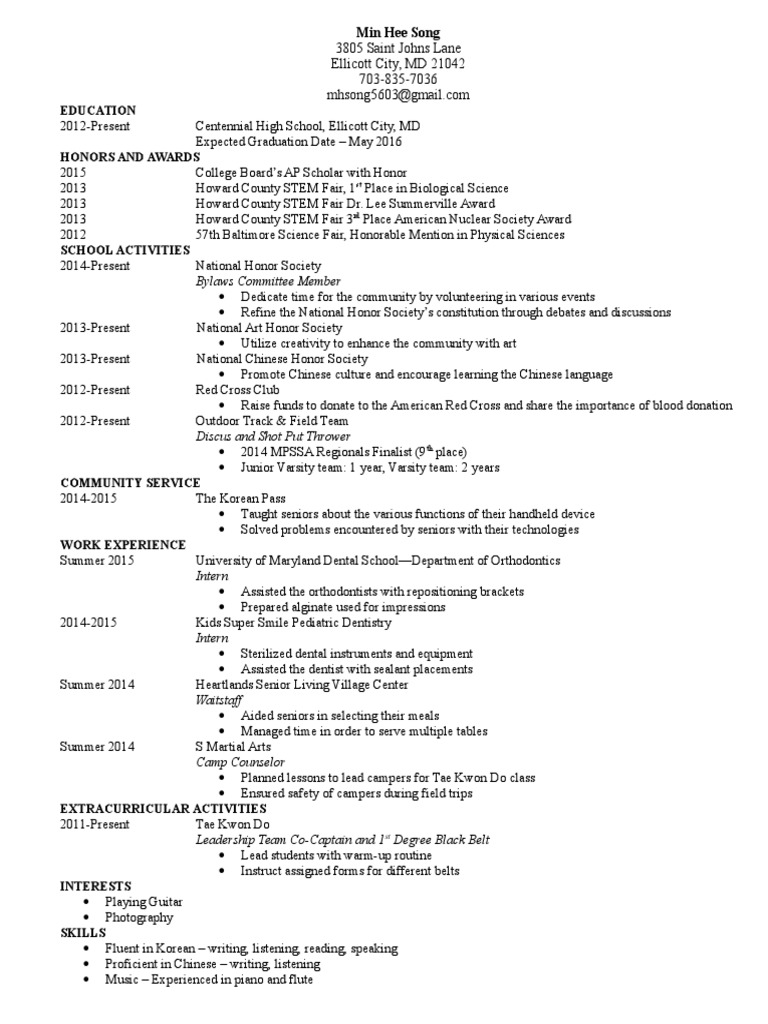 Min Hee Song's Academic and Extracurricular Achievements | PDF