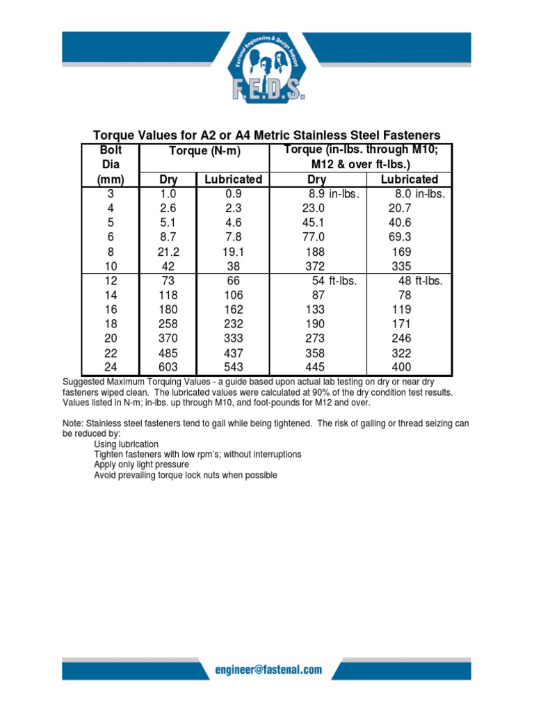 Torque of Metric Stainless Steel | PDF