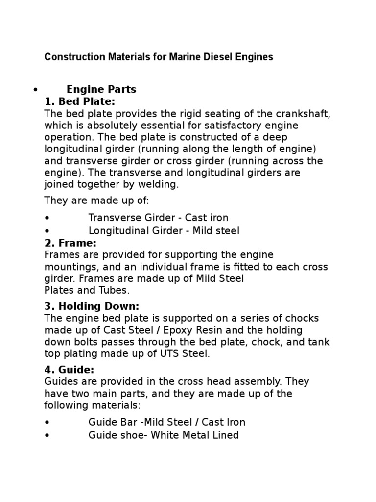 Marine Diesel Engine Construction Materials | PDF | Cast Iron | Piston