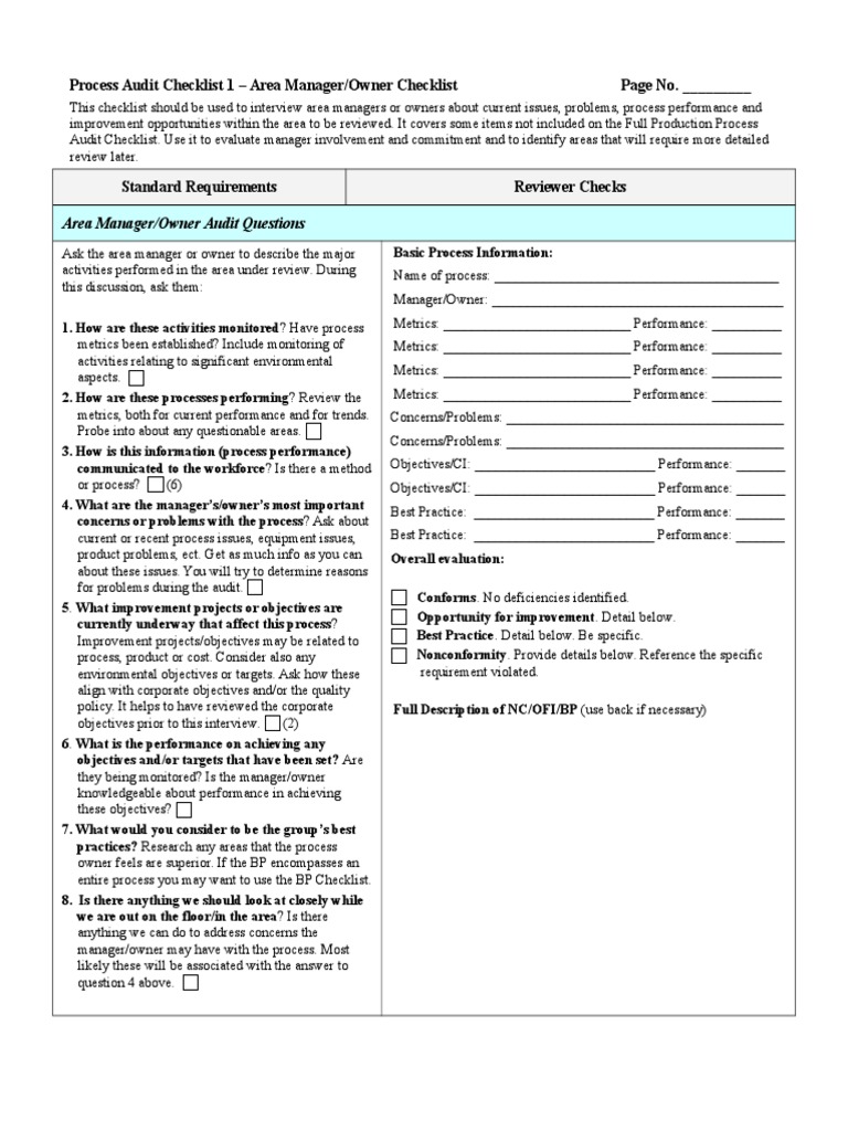 QMS Audit Checklist 1- Area Manager-Owner Interview | Audit | Business