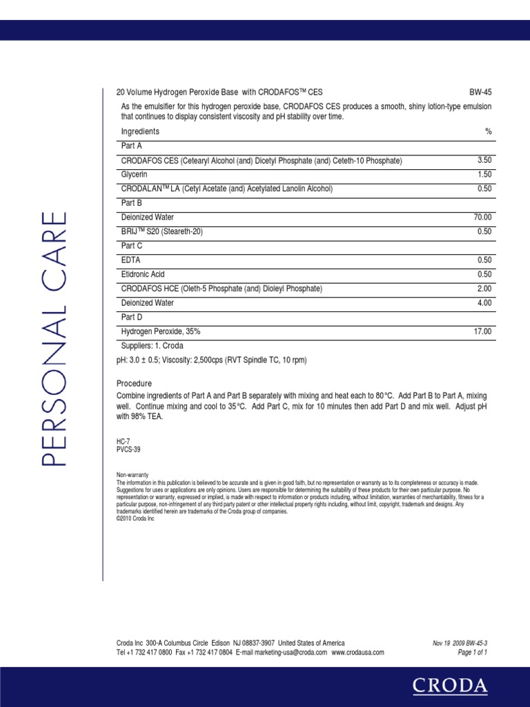 20 Volume Hydrogen Peroxide Base W Crodafos CES BW-45-3 W Header | PDF