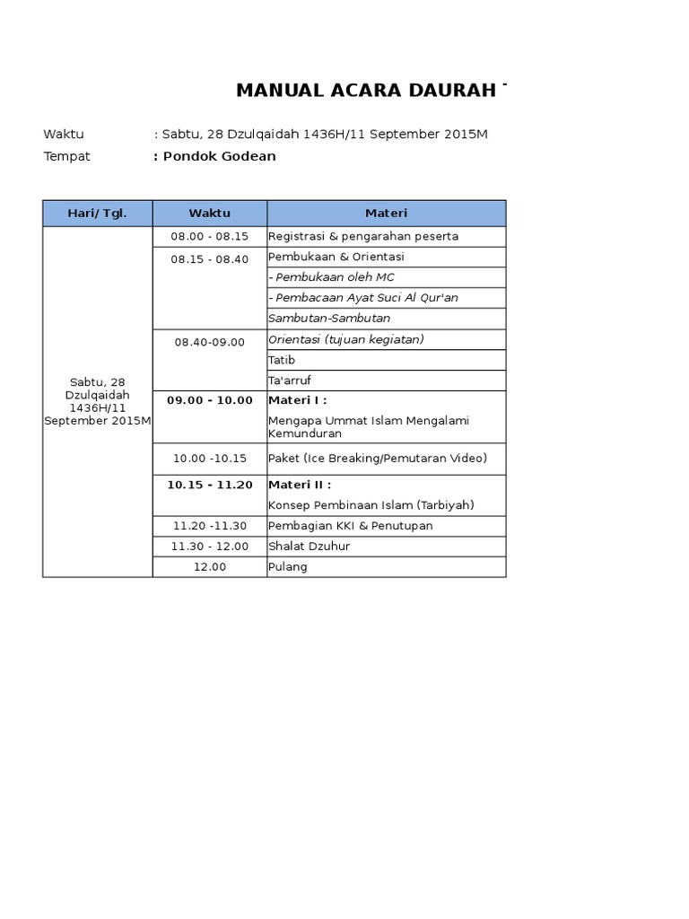 Matriks Acara Daurah Ta'Rif (TD) | PDF