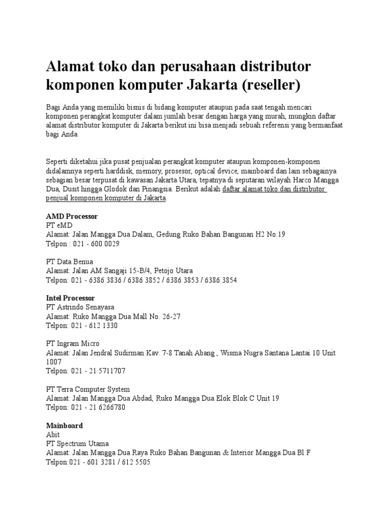 Alamat Toko Dan Perusahaan Distributor Komponen Komputer Jakarta | PDF ...