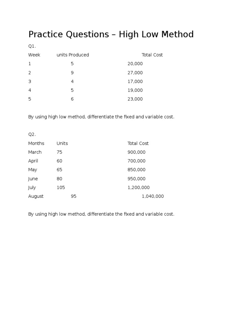 Practice Questions - High Low Method | PDF