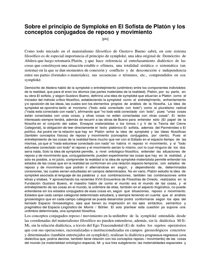 Sobre El Principio de Symploké en El Sofista de Platón y Los Conceptos Conjugados de Reposo y ...