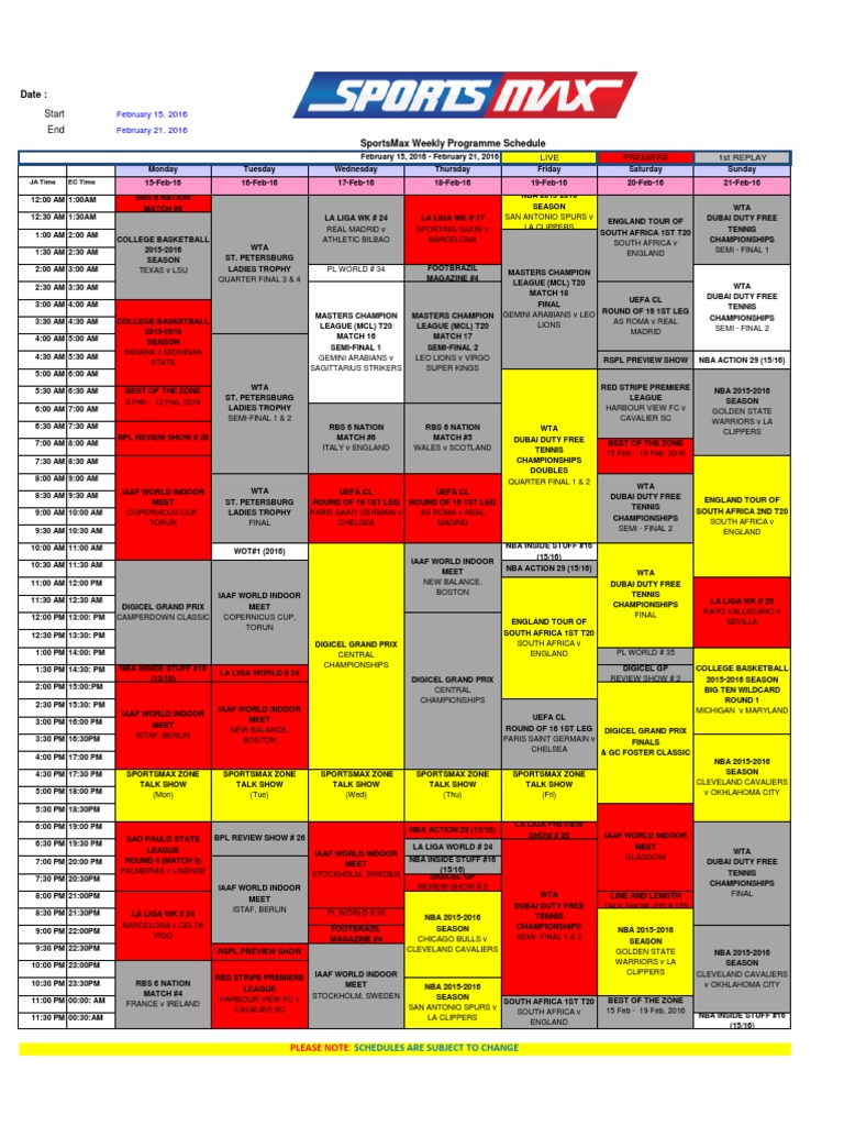 SportsMax Weekly Schedule: Feb 15-21, 2016 | PDF