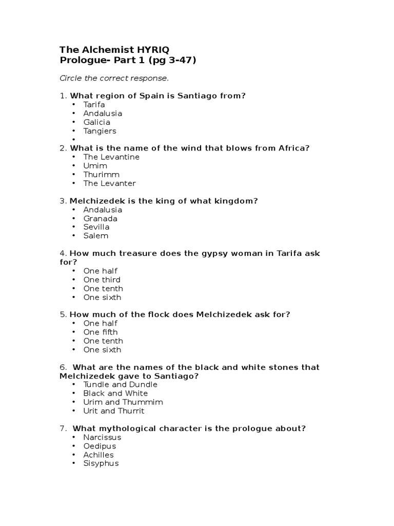 The Alchemist PT 1 Quiz | PDF | Alchemy