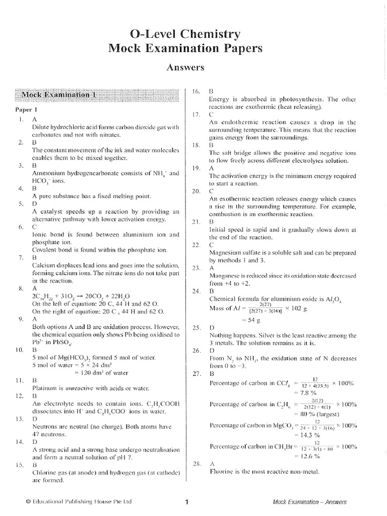 "O" Levels Chemistry Mock Exam Papers | PDF