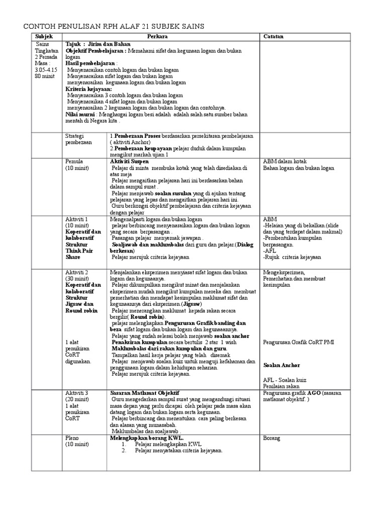 Contoh Penulisan RPH Alaf 21 Subjek Sains | PDF