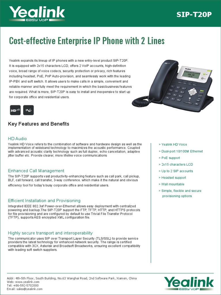Yealink SIP-T20P Datasheet | Session Initiation Protocol | Transport Layer Security