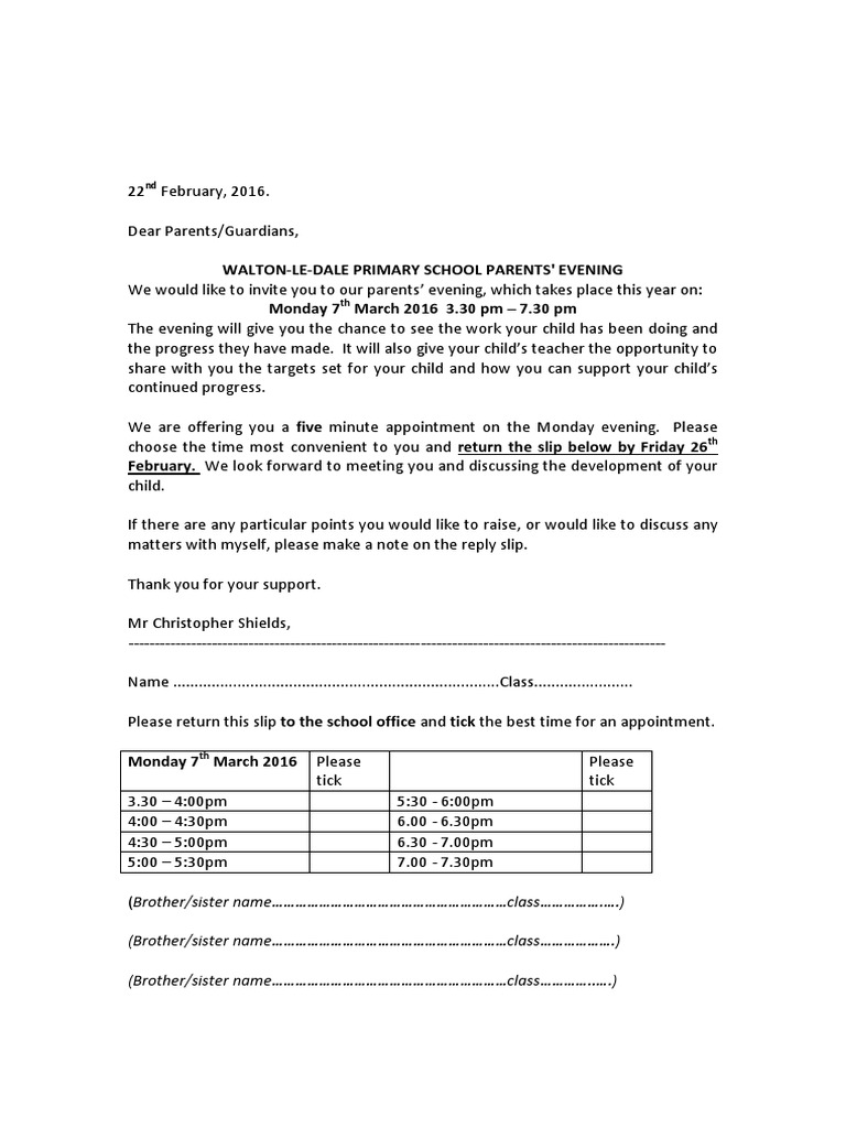 Walton-le-Dale Parents' Evening Invite | PDF | Wellness