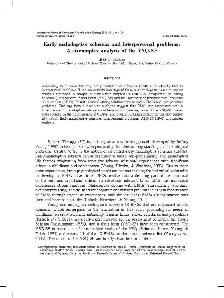 Early Maladaptive Schemas and Interpersonal Nou | PDF | Schema ...