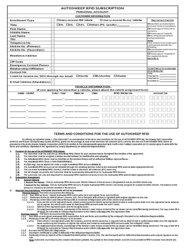 RFID Subscription Form PERSONAL | PDF | Toll Road | Radio Frequency ...