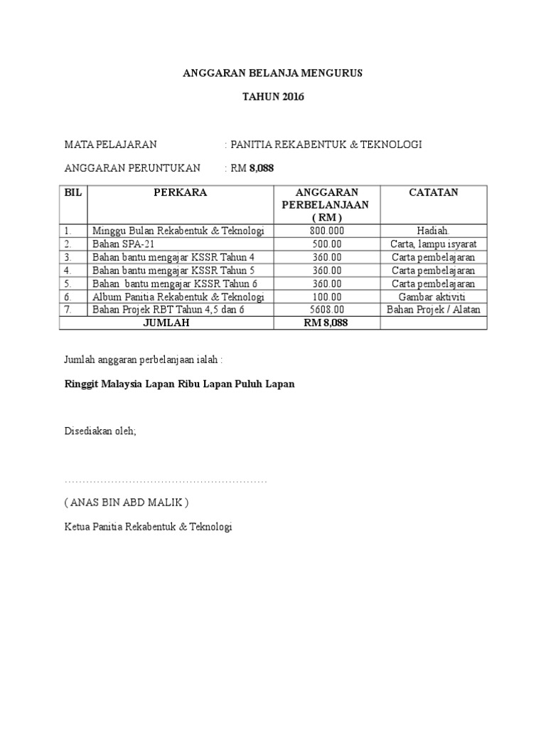 Anggaran Belanja Mengurus RBT 2016 | PDF
