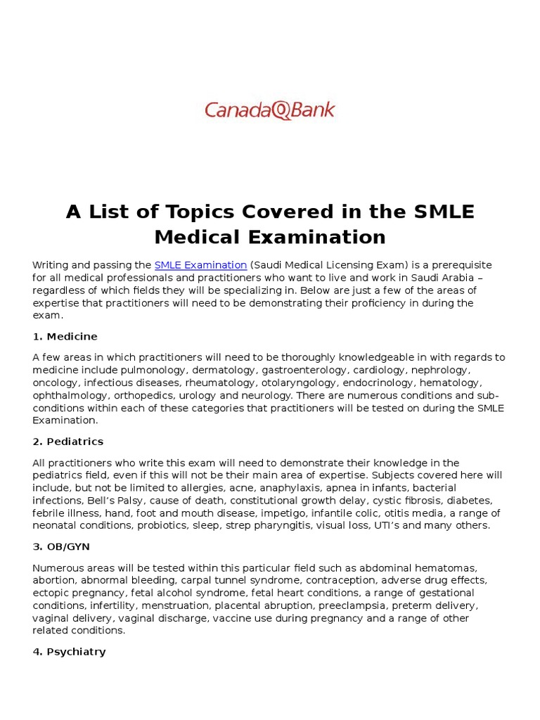 SMLE Exam Topics Overview | PDF | Physical Examination | Medicine