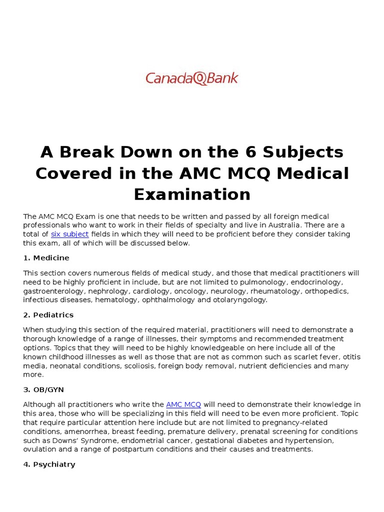 A Break Down On The 6 Subjects Covered in The AMC MCQ Medical ...
