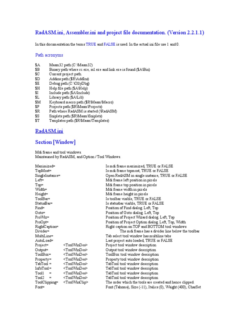 RadASM INI File Documentation Guide | PDF | Computer File | Typefaces
