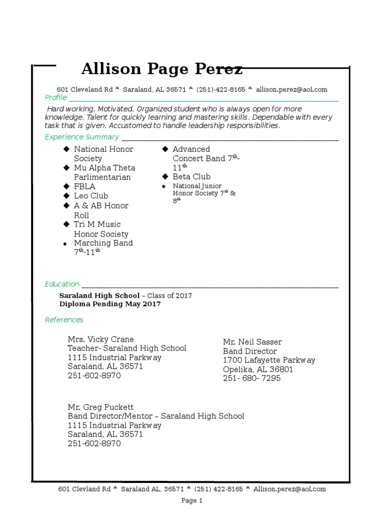 Student Resume of Allison Page Perez | PDF | Career & Growth | Self ...