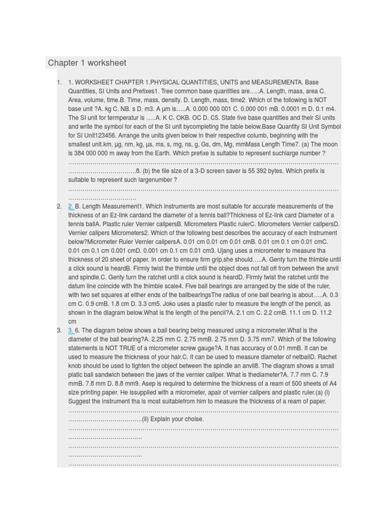 Chapter 1 Worksheet | PDF | Velocity | Force