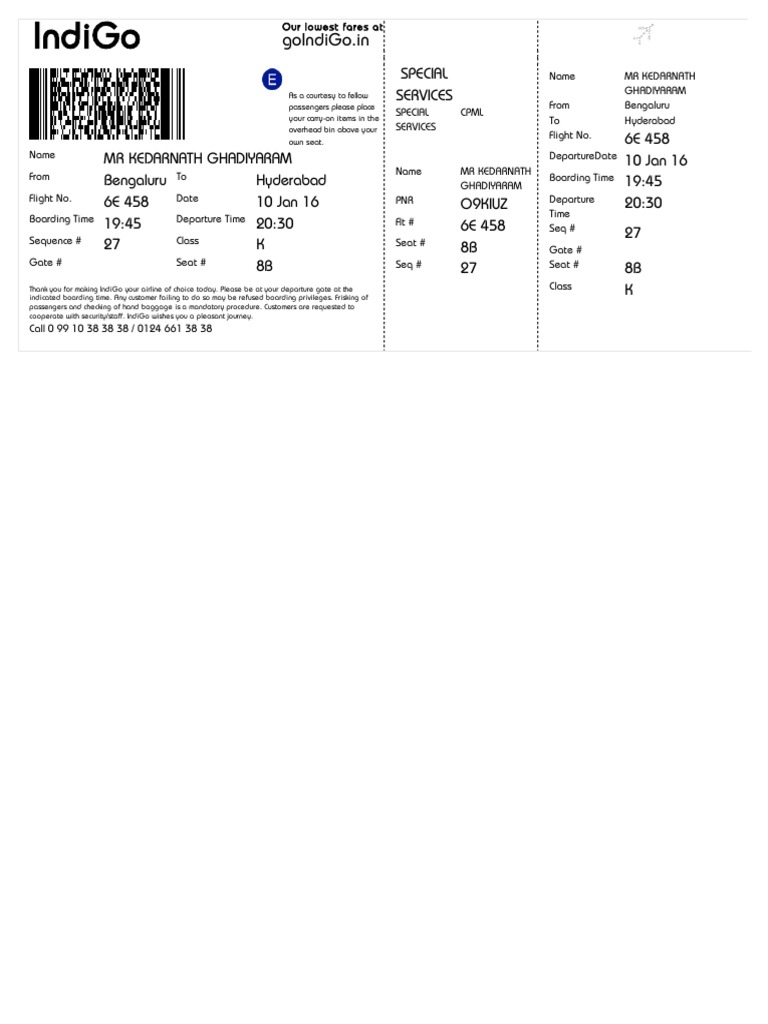 Goindigo - In: Special Services 6E 458 10 Jan 16 19:45 20:30 27 8B K ...