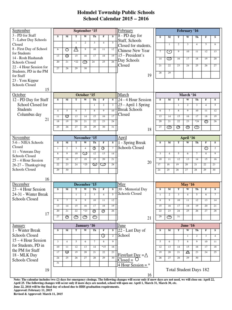 Holmdel Schools 2015-16 Calendar | PDF