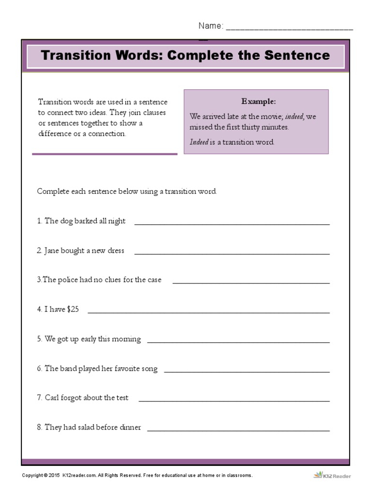 Transition Words Complete The Sentence | PDF | Linguistics