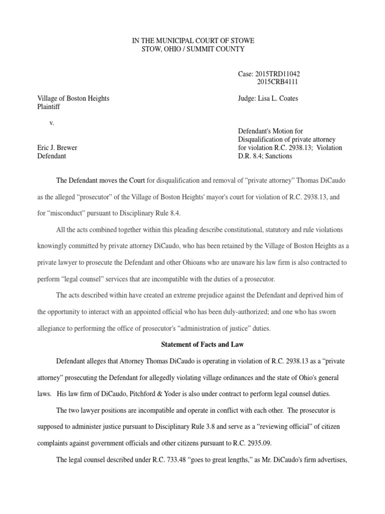 Motion To Disqualify Attorney Thomas DiCaudo | PDF | Surety Bond | Prosecutor