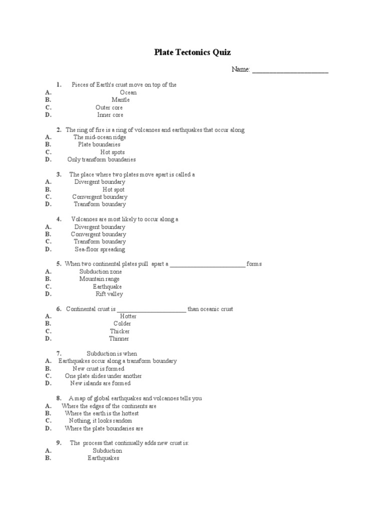Plate Tectonics Quiz | PDF | Plate Tectonics | Crust (Geology)